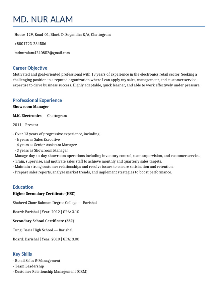 MD Nur Alam CV | PDF