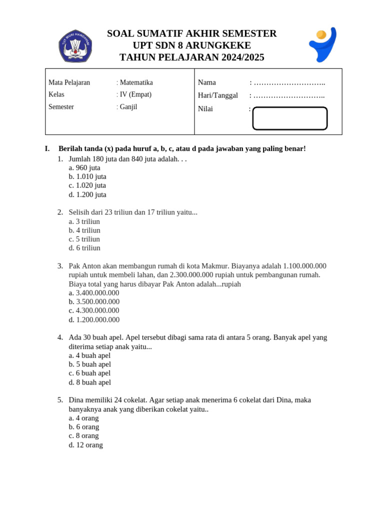 Soal SAS 1 MTK Kelas 4 | PDF