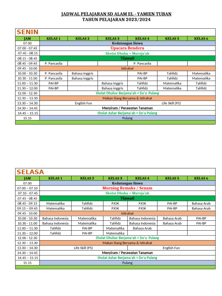 JADWAL PELAJARAN SD ALAM EL | PDF