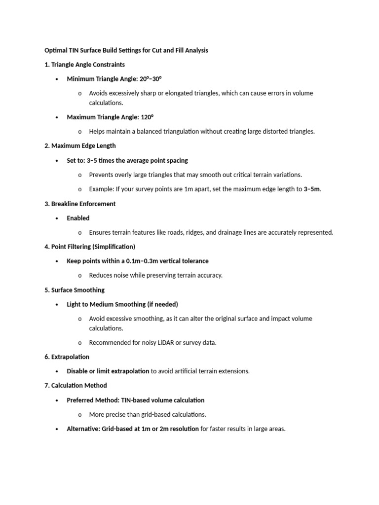 Optimal TIN Surface Build Settings For Cut and Fill Analysis | PDF