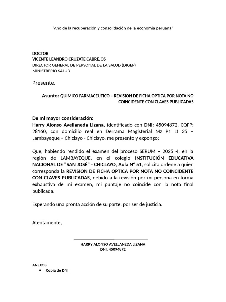 Modelo de Reclamo - Minsa | PDF