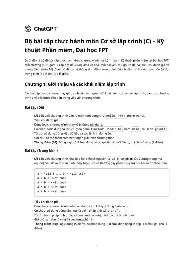 Bộ bài tập thực hành môn Cơ sở lập trình (C) - Kỹ thuật Phần mềm, Đại học FPT | PDF