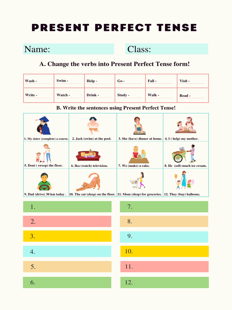 Colorful Illustrative Present Perfect Worksheet | PDF