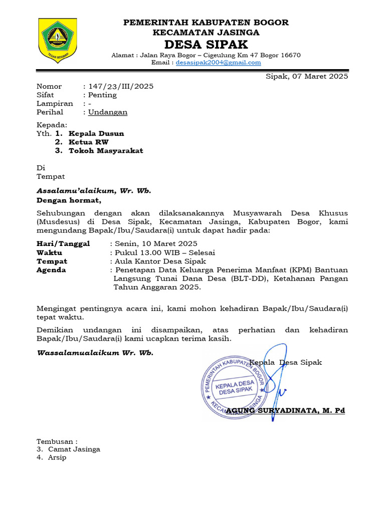 Surat Undangan Untuk Kadus, Ketua RW, Tokoh Masyarakat (100325) | PDF
