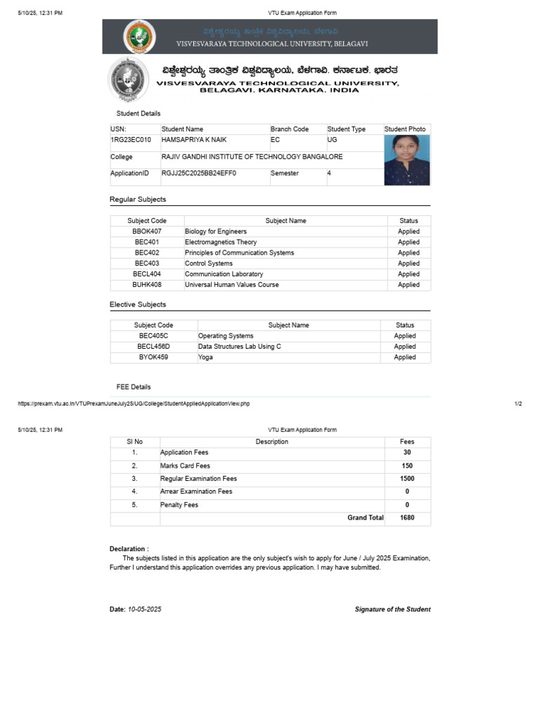 Hamsapriya K Naik-Vtu Exam Application Form | PDF
