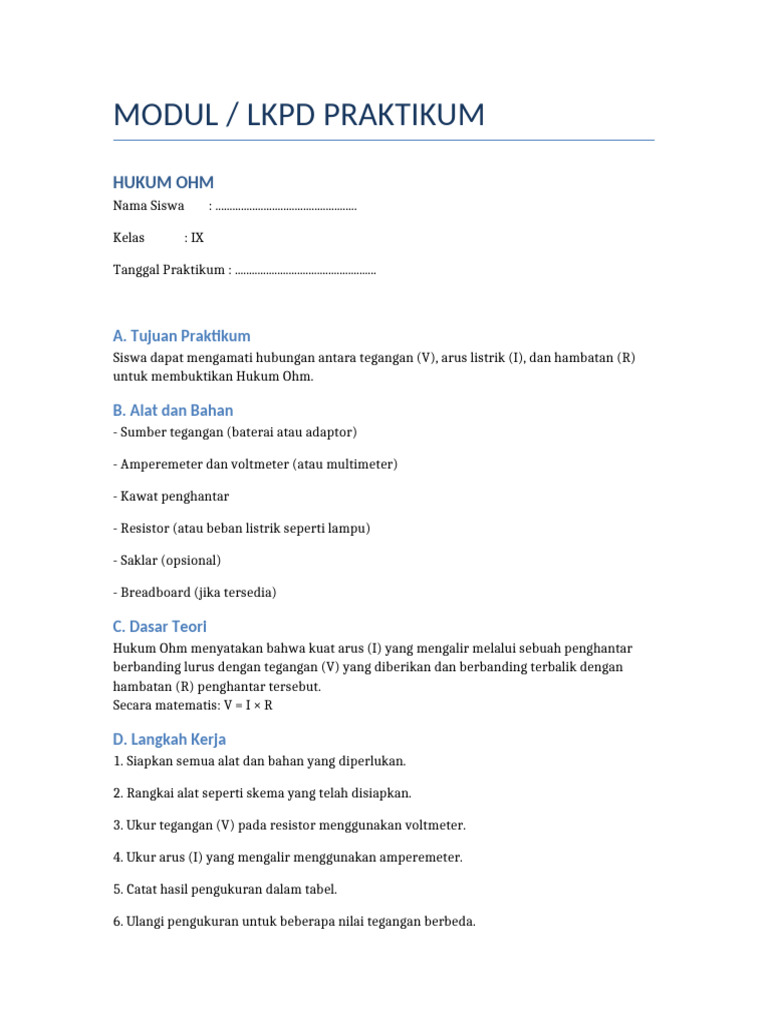 LKPD Praktikum Hukum Ohm Kelas9 | PDF
