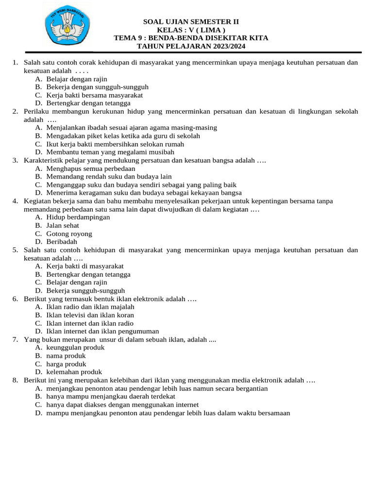 Soal Sem 2 Tema 9 KLS V 2023-2024 | PDF