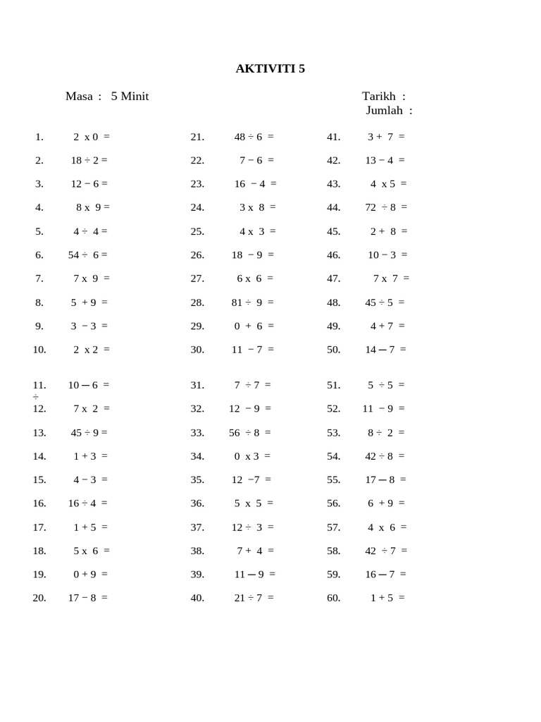 Latih Tubi Operasi Asas Tambah Tolak Darab Bahagi Pdf