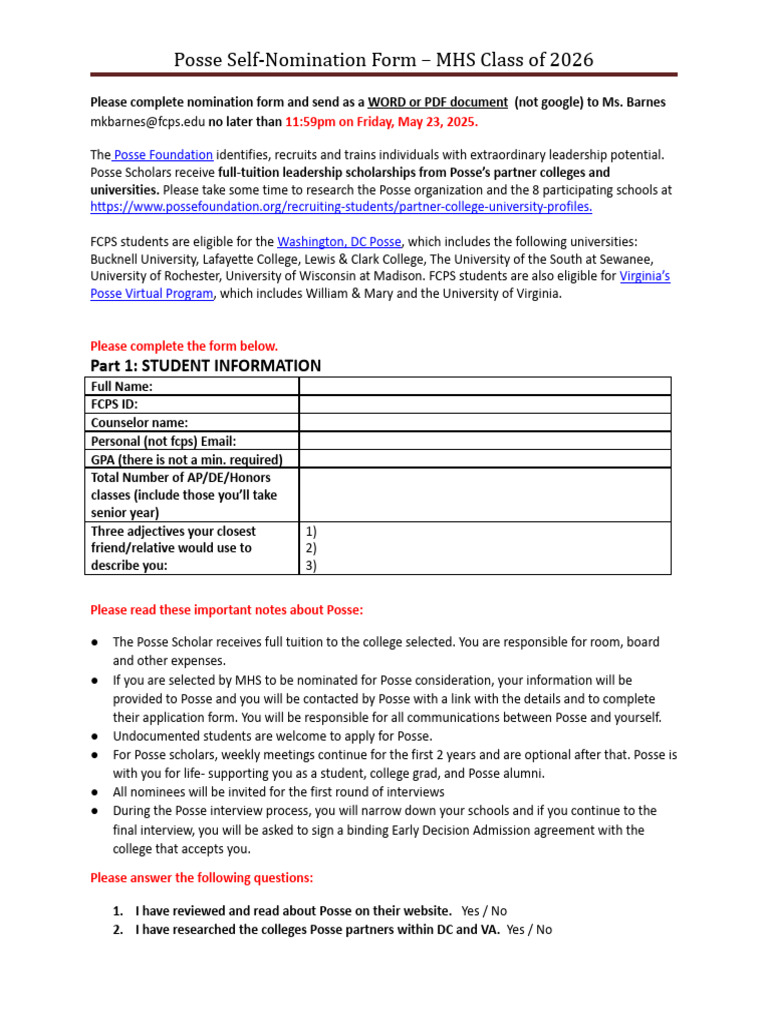 Posse Self-Nomination for Class of 2026 | PDF