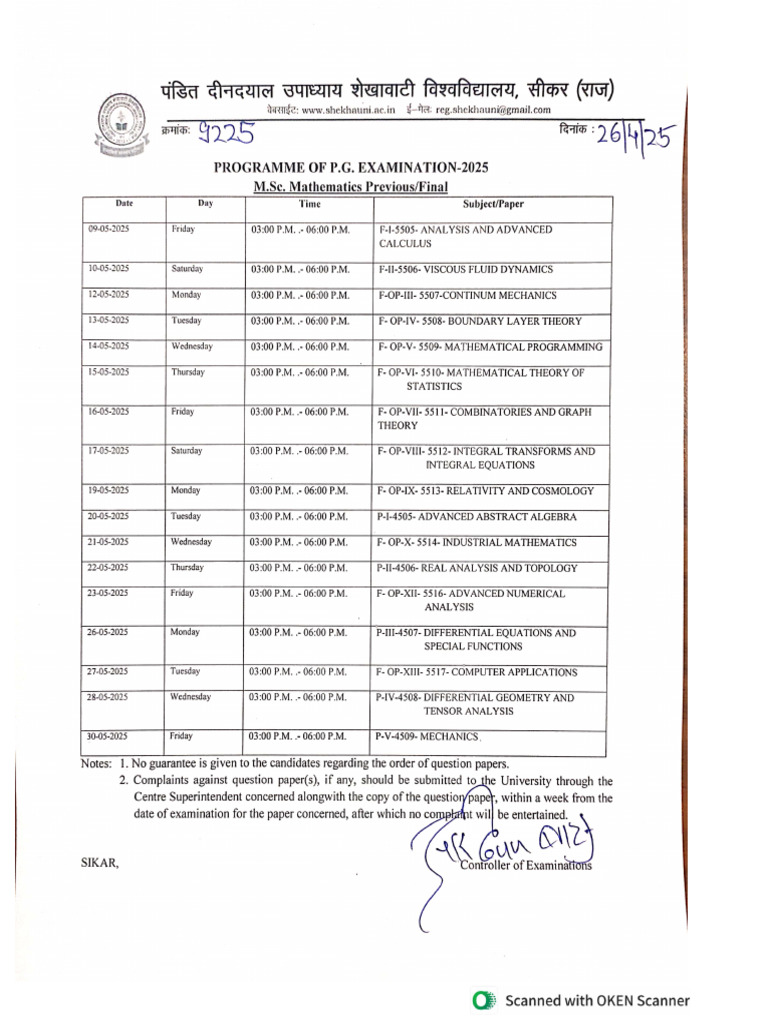Mathematics Time Table 2025 | PDF