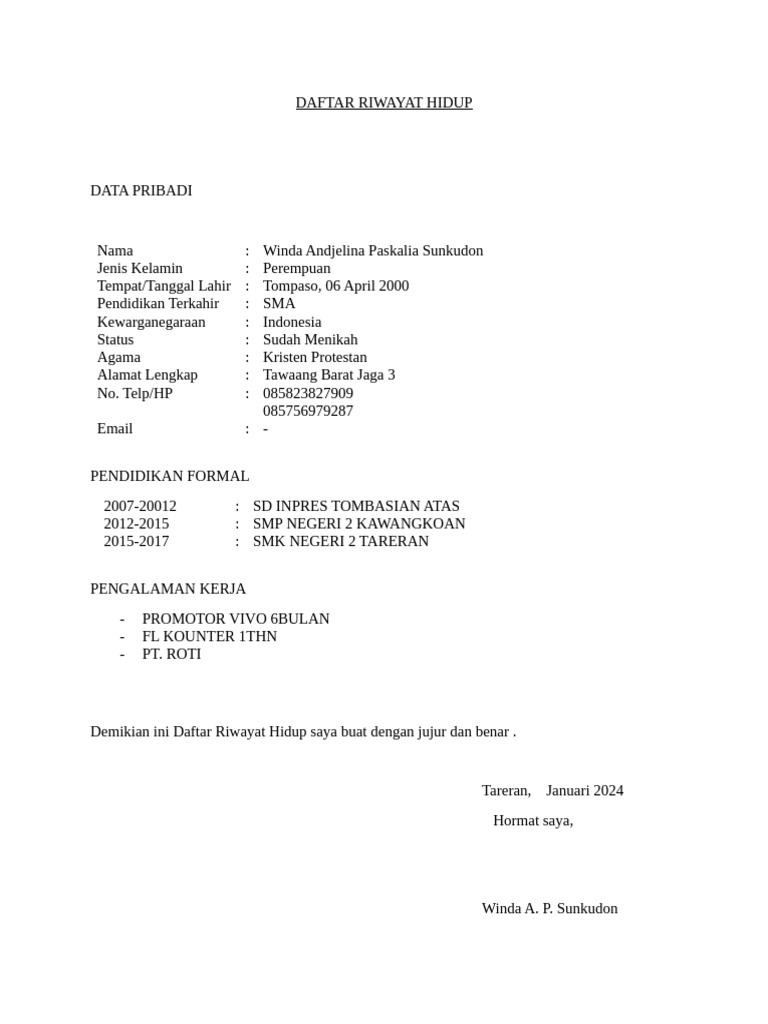 CV Winda A. P. Sunkudon-1 | PDF