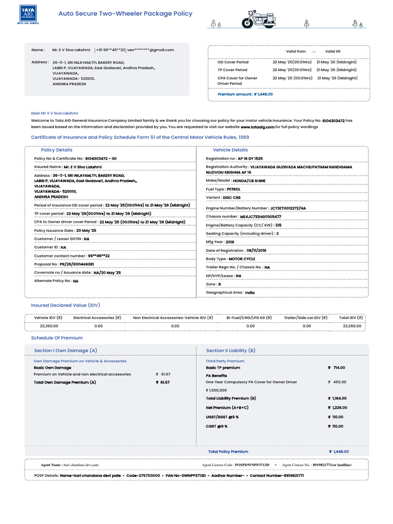 Certificate of Insurance and Policy Schedule Form 51 of The Central ...