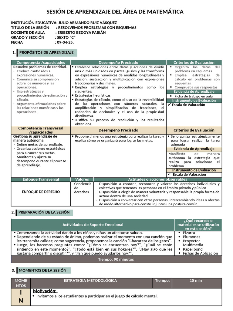 SESIÓN DE MATE-Resolvemos Problemas Con Esquemas-09-04-25. | PDF | Aprendizaje | Aritmética