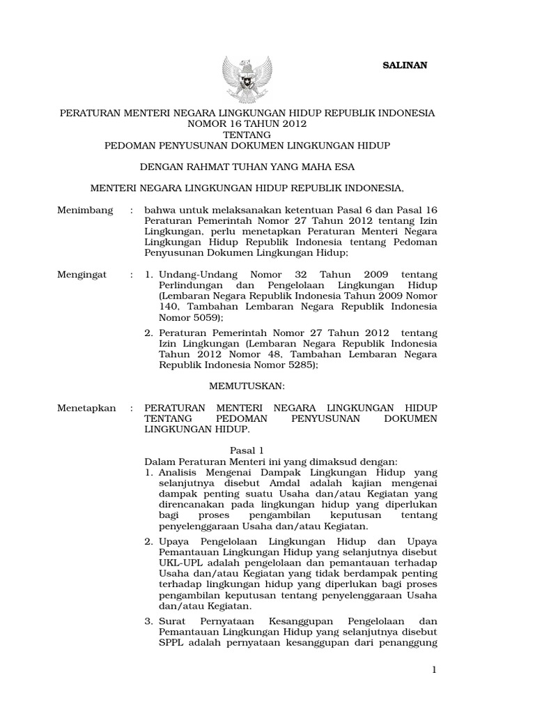 Permen Lingkungan Hidup Nomor 16 Tahun 2012 Tentang Pedoman Penyusunan ...