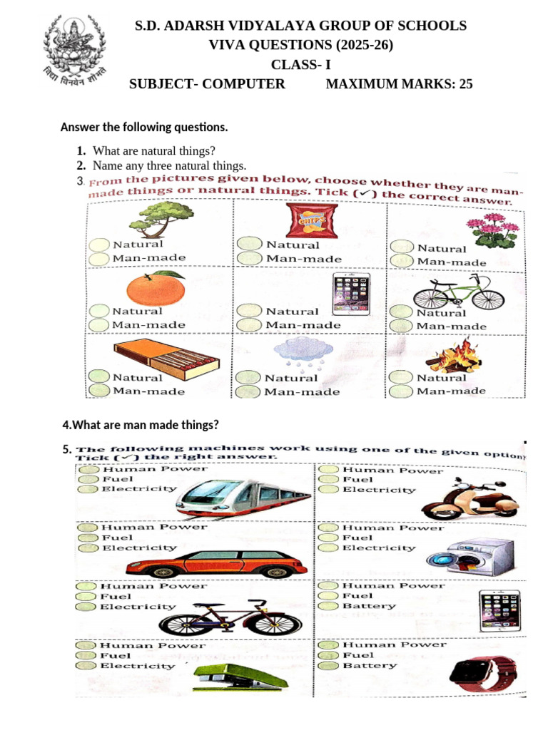 S.D. Adarsh Vidyalaya Group of Schools VIVA QUESTIONS (2025-26) Class-I ...