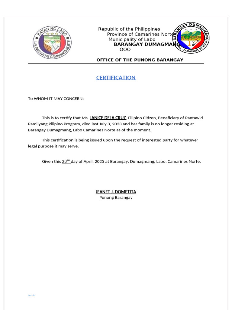 Certificate of Non Residency in 4ps | PDF | Philippines