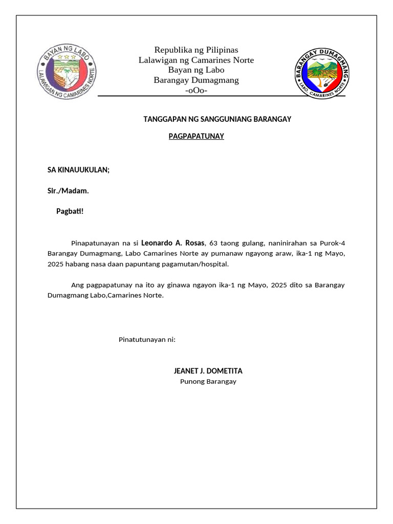 Pagpapatunay NAMATAY SA BARANGAY | PDF