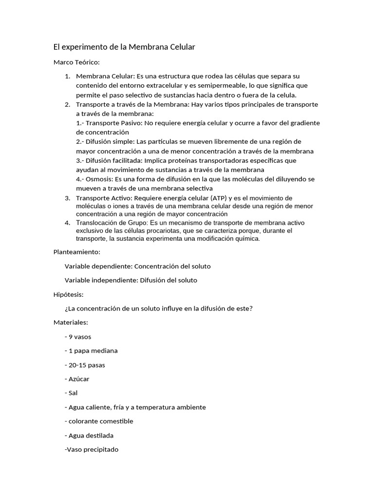 El Experimento de La Membrana Celular | PDF | Membrana celular | Biología Celular