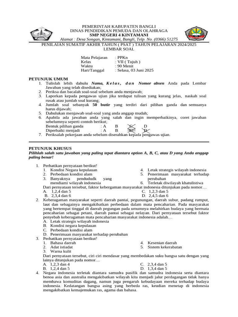 Soal Psat PPKN Kelas 7 Juni 2025 | PDF