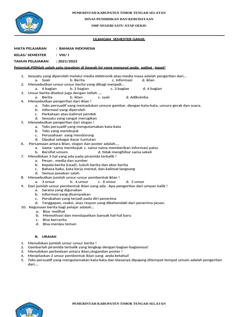 Soal Bindo Dan PKN Ita Punya (Repaired) SMP | PDF