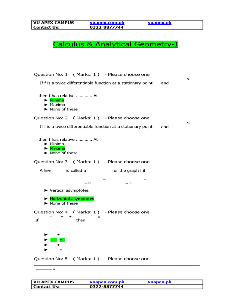 MTH101 Midterm Solved MCQs Shared by Gulshin Ali | PDF | Calculus | Mathematical Analysis