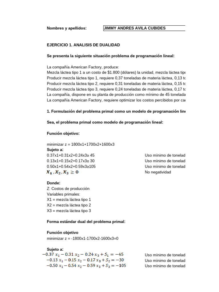 Plantilla Ejercicio 1 - Analisis de Dualidad - Tarea 2 | PDF | Programación lineal | Análisis