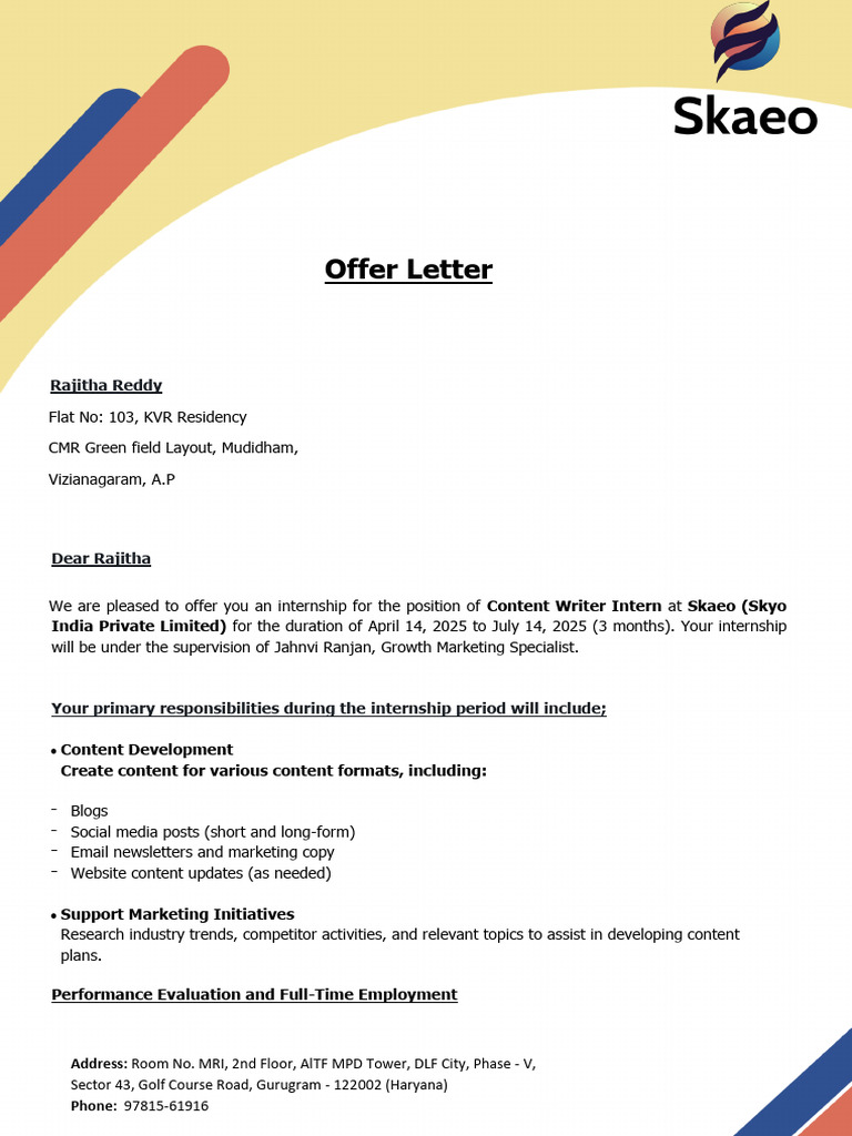 Internship Offer for Content Writer | PDF
