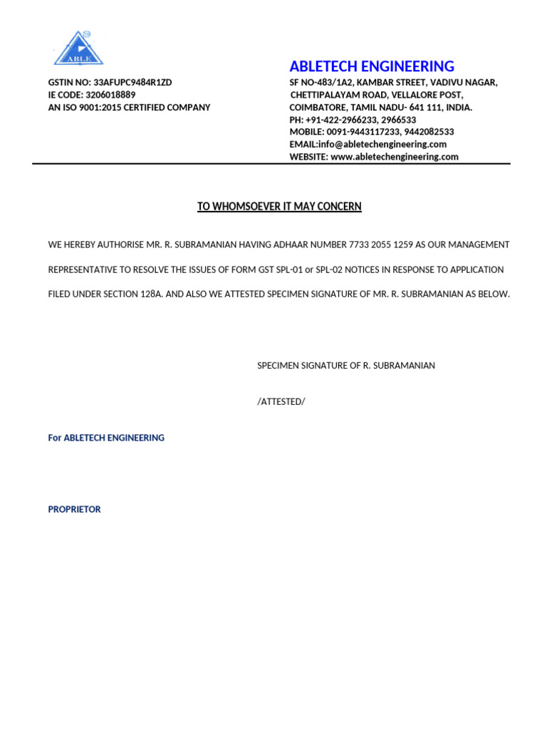 AUTHORISATION LETTER TO GST WORK | PDF