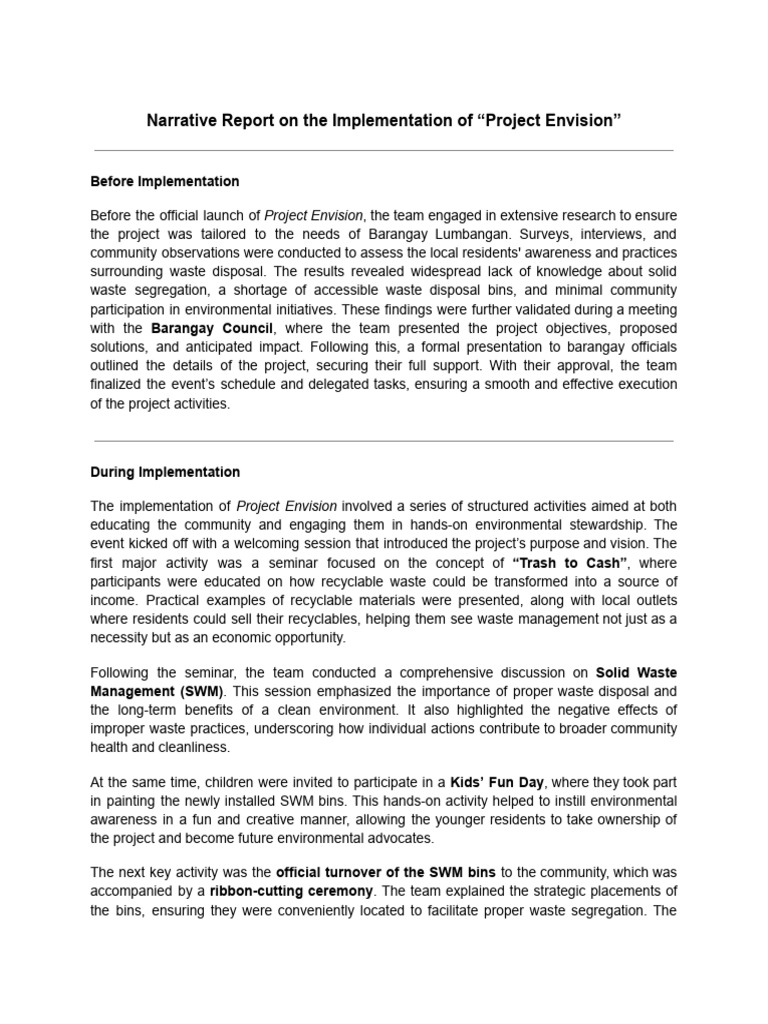 Narrative Report (Before, During and After Implementation) | PDF ...
