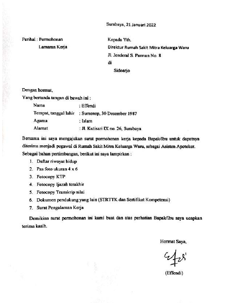 Surat Lamaran KRJ Rs Mitra Keluarga | PDF