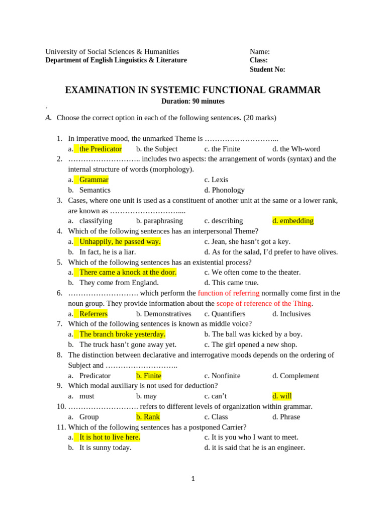 Systemic Functional Grammar - Test | PDF | Verb | Grammar