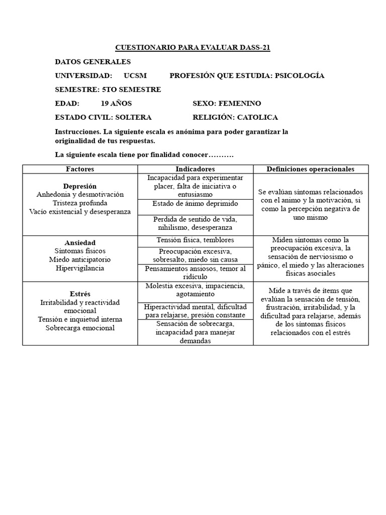 Cuestionario para Evaluar Dass | PDF | Ansiedad | Estrés (biología)