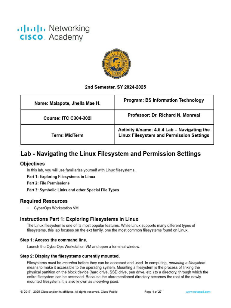 MALAPOTE 4.5.4 Lab Navigating The Linux Filesystem and Permission Settings | PDF | Computer File ...