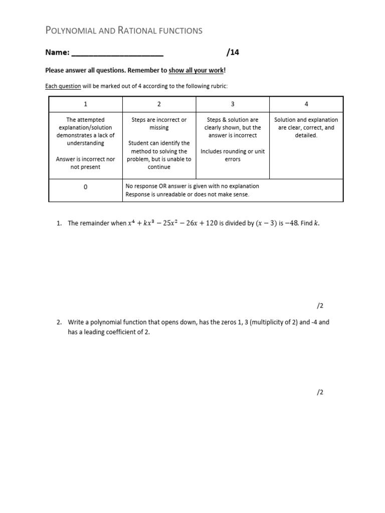 Polynomial and Rational Functions Guide | PDF | Factorization | Polynomial