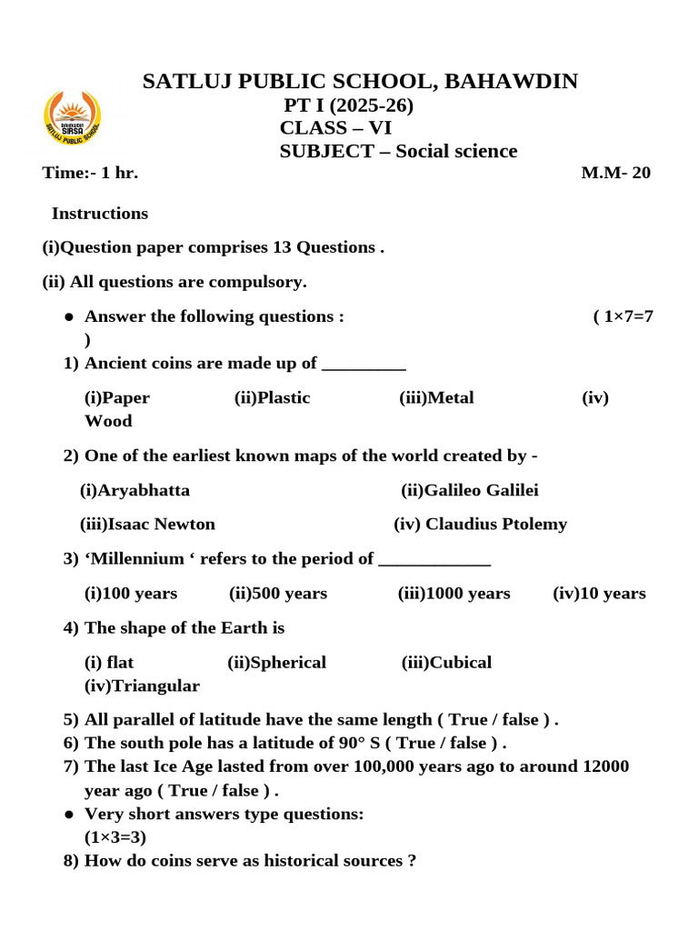 PT 1 class 6th sst | PDF