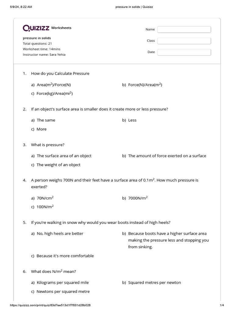 Pressure in Solids Worksheet Quiz | PDF | Pressure | Area
