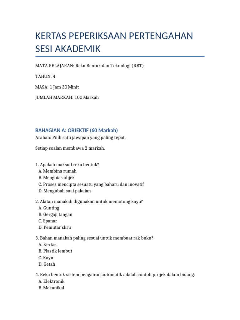 Kertas Ujian RBT Tahun 4 | PDF