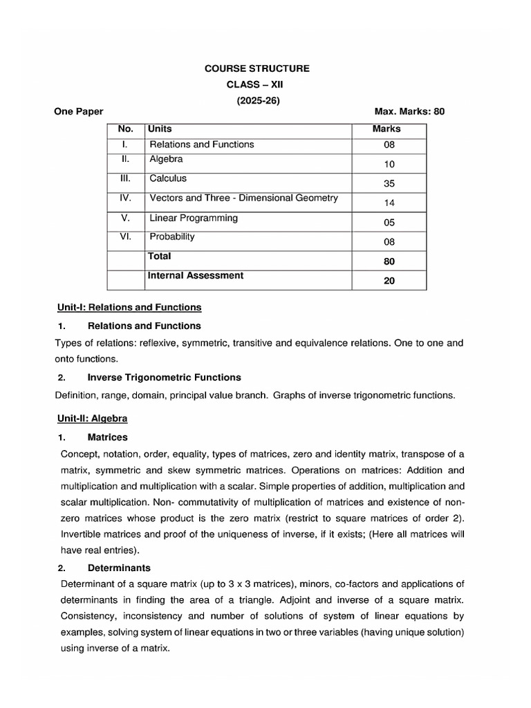 Class 12th Maths Syllabus 2025 - 26 | PDF | Matrix (Mathematics ...