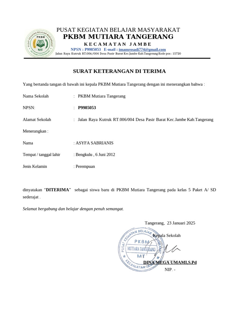 Format Surat Keterangan Diterima Sebagai Siswa Baru | PDF
