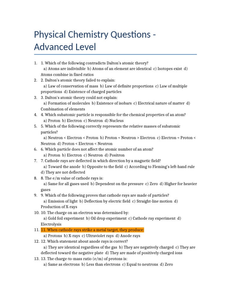 Physical Chemistry 45 Questions | PDF | Atoms | Electron