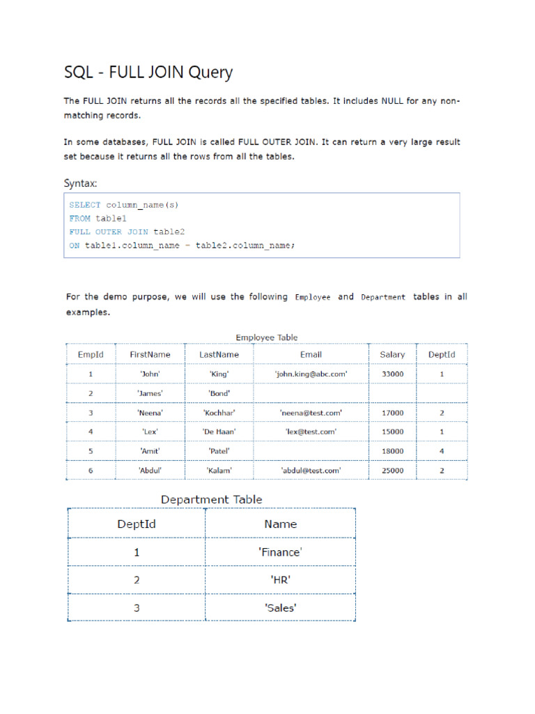 SQL Joins Inner Join, Left Join, Right Join and Full Join | PDF
