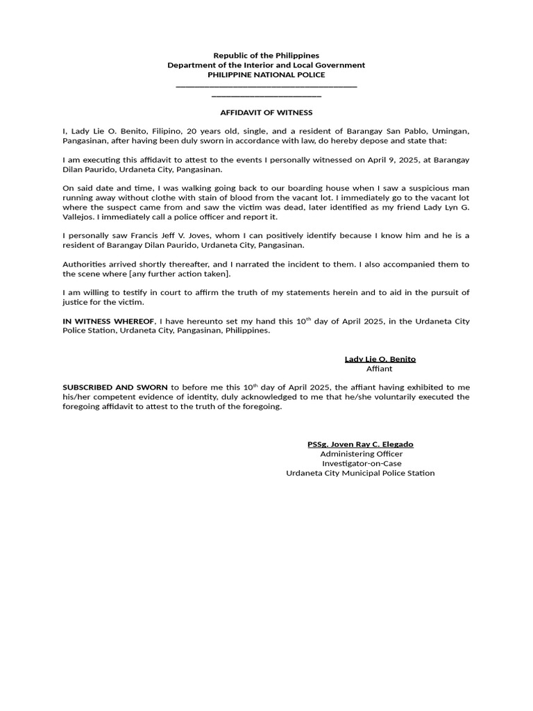 Affidavit of Witness | PDF | Affidavit | Evidence