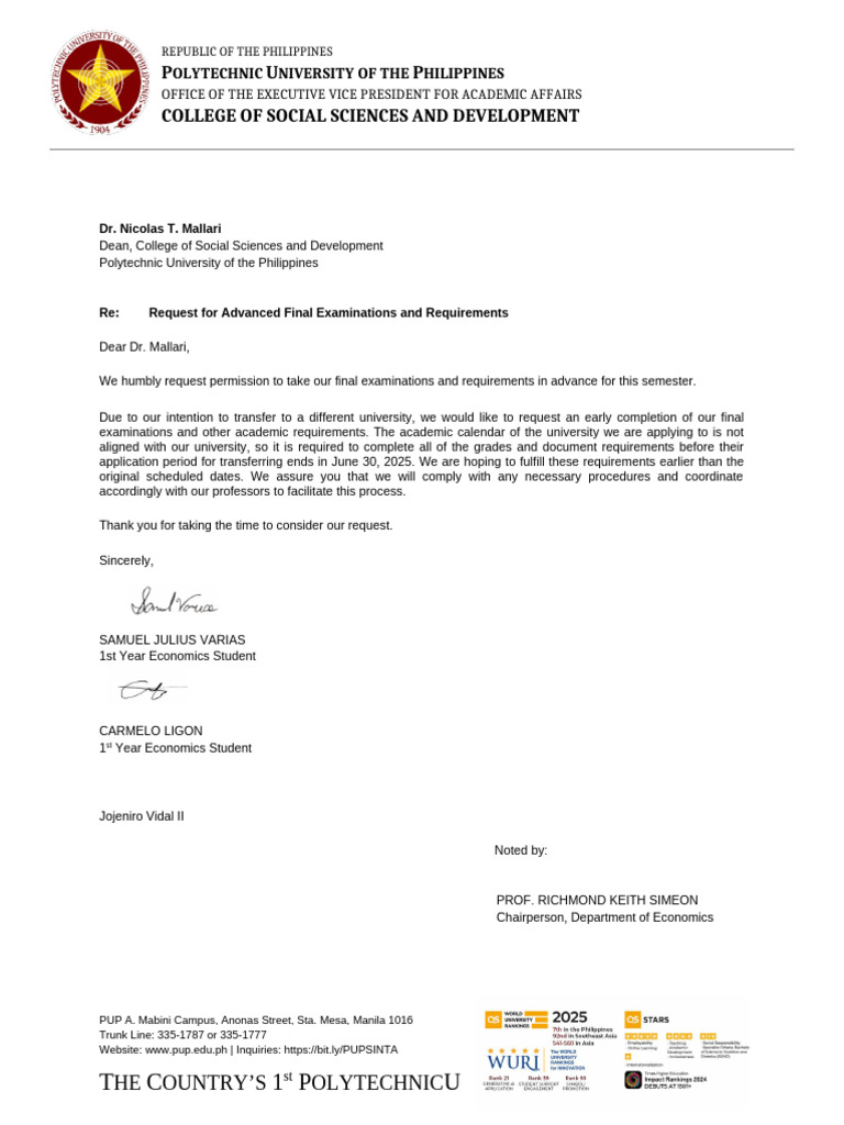 Request For Advanced Finals or Requirements | PDF