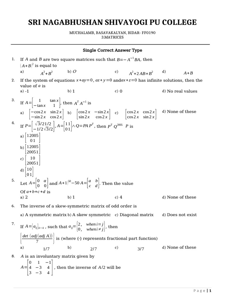 Matrices Advanced | PDF | Matrix (Mathematics) | Algebra