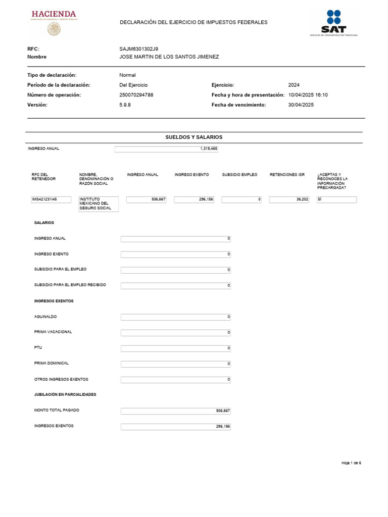 RFC: Nombre: Declaración Del Ejercicio de Impuestos Federales | PDF ...