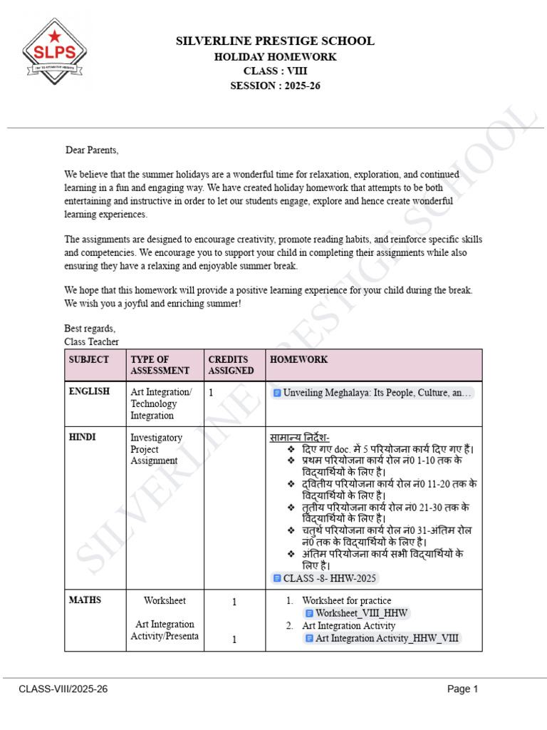 HHW Class 8 (2025-26) | PDF | Homework | Liberal Arts Education