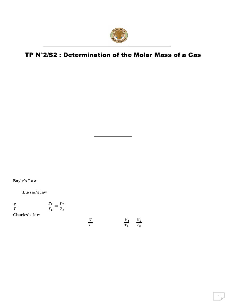 Lab Manual N°2 - S2-2024 - Molar Mass | PDF | Gases | Temperature