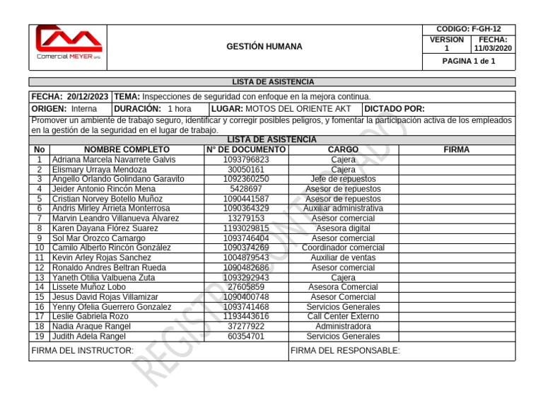 F-GH-12 Lista de Asistencia Charla Admin Akt | PDF