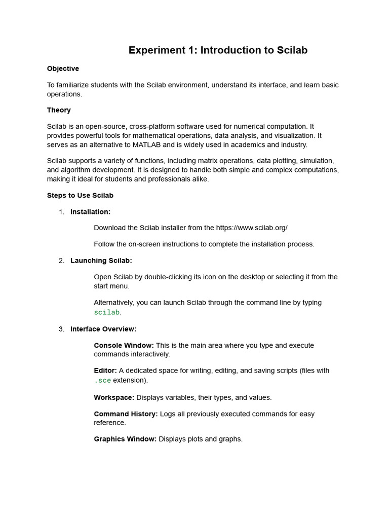 Experiment 1 - Introduction To Scilab | PDF | Command Line Interface | Matrix (Mathematics)