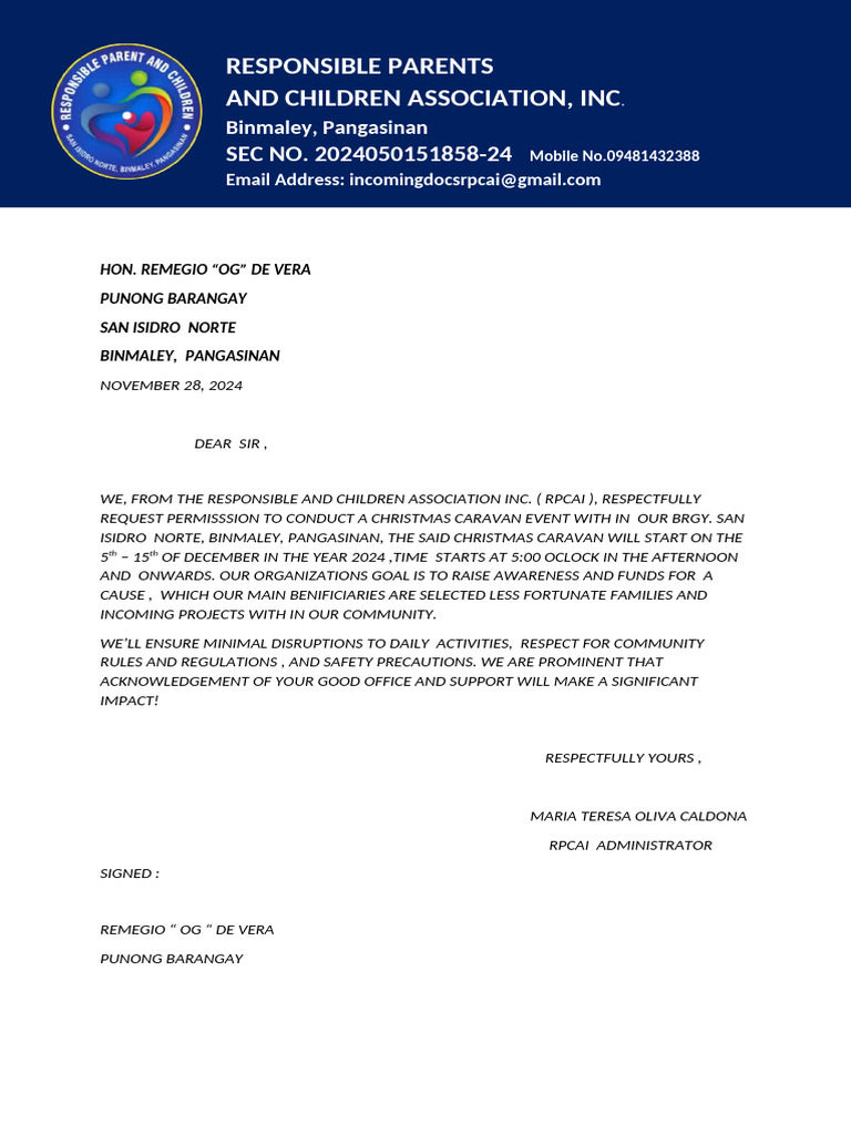 Permission Letter For Christmas Caravan 2 | PDF